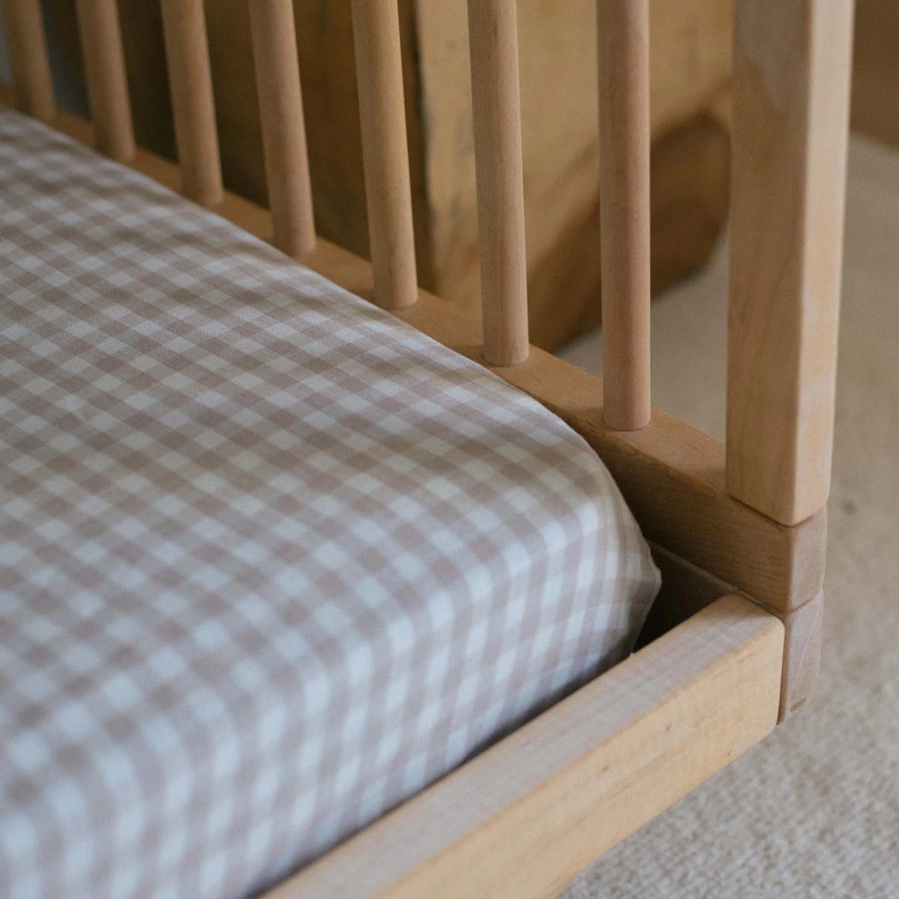 French Linen Cot Sheet - Beige Gingham by Warren Hill | One Fine Baby
